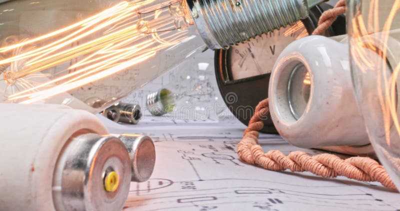 Edison Bulb and Diagrams. Light Bulb and Cables on Diagrams Stock ...