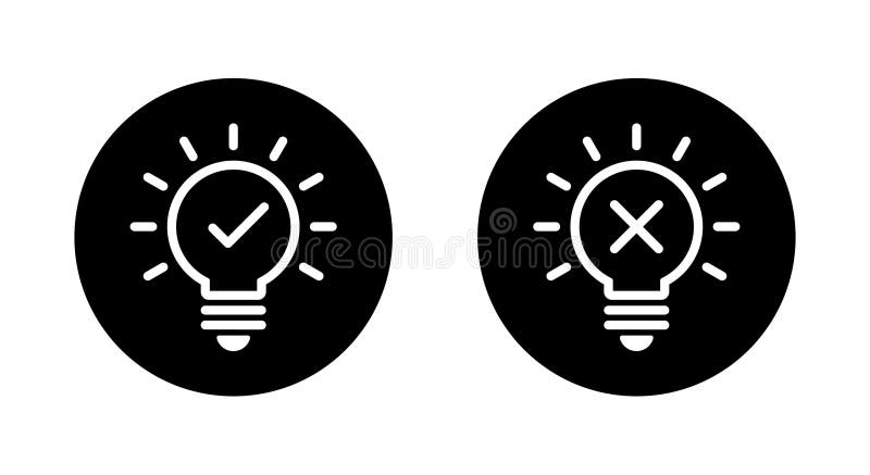 Light Bulb with Check and Cross Mark Icon on Black Circle. Creativity ...