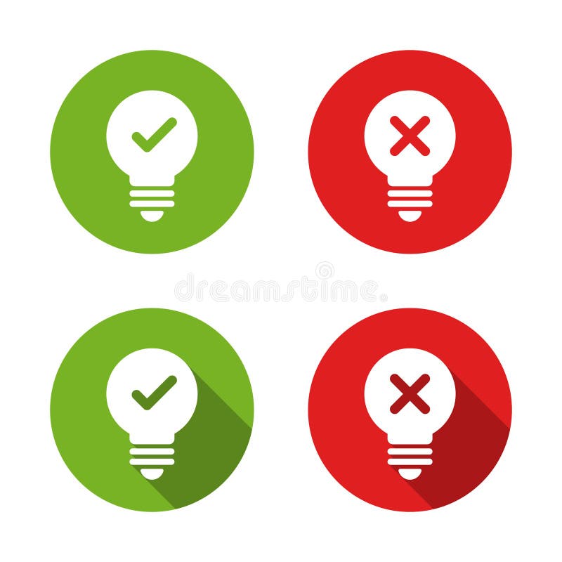Light Bulb with Check Mark and Cross X Icon with Long Shadow Stock ...