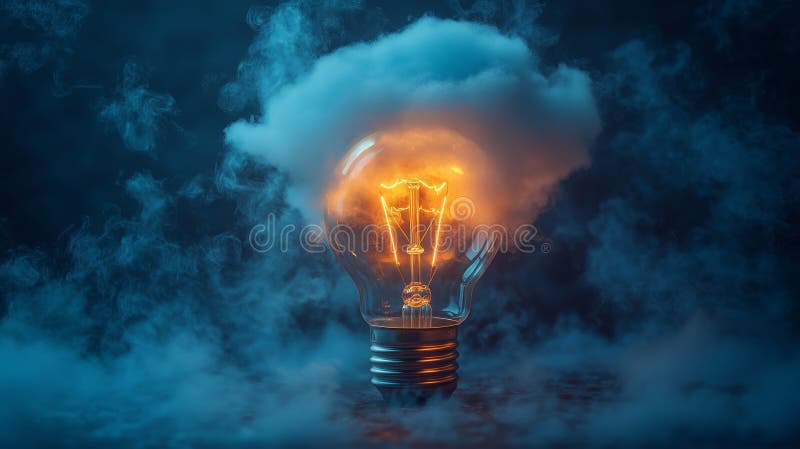 Light Bulb with Cloud on Blue Background Stock Photo - Image of design ...