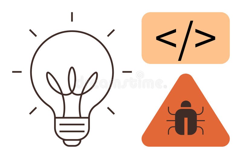 Light Bulb, Coding Brackets, and Bug Icon Highlighting Software Development Innovation and ...