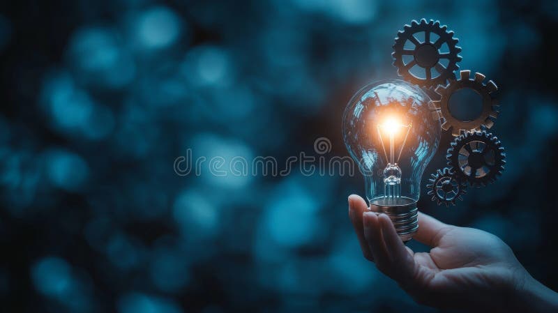 Light Bulb and Cog Inside are Held by a Hand. Creativity and Innovation ...