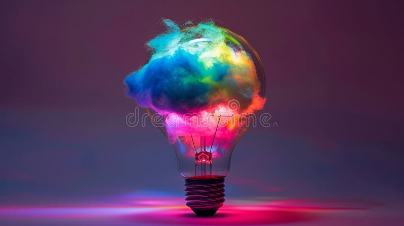 Light Bulb with Colorful Clouds Inside, Conceptual Art Stock Photo ...