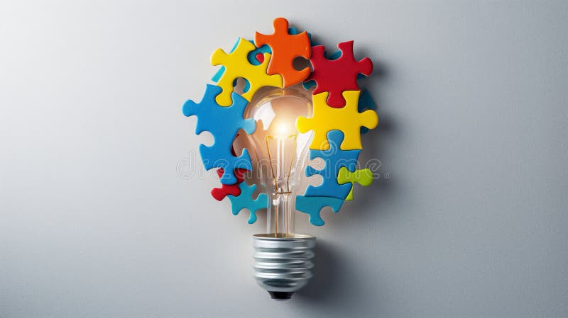 A Light Bulb with a Colorful Puzzle Piece Halo on a Gray Background ...