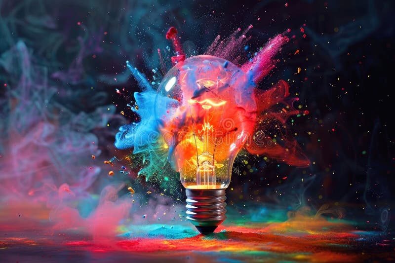 Light Bulb with Colorful Smoke on Black Background Stock Image - Image ...