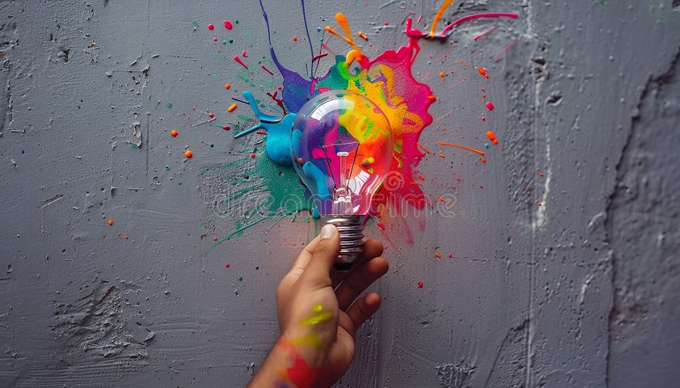 Light Bulb with Colour Paint Splash in Man S Hand on Grey Background ...
