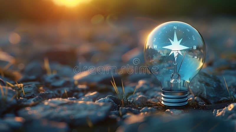 Light Bulb with Compass Guiding Growth through Insight. Stock ...