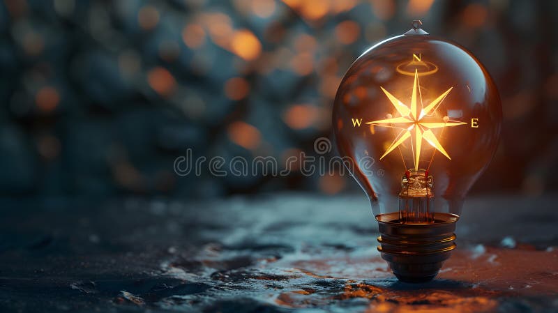 Light Bulb with Compass Guiding Growth through Insight. Stock ...
