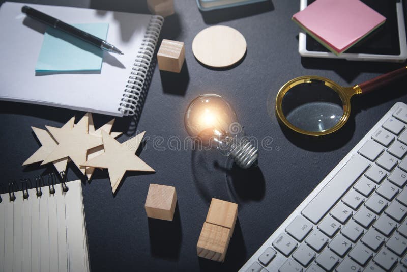 Light Bulb, Computer Keyboard, Wooden Cubes, Magnifying Glass, Wooden ...