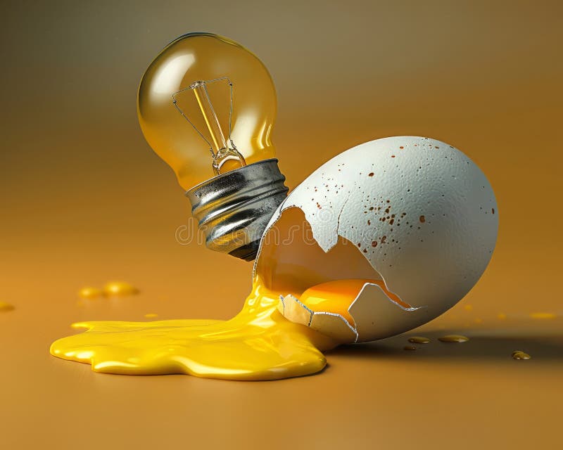 A Light Bulb with a Cracked Shell from Which an Egg Yolk is Spilling ...