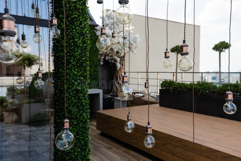 Light Bulb Decor in Outdoor Party Stock Photo - Image of celebration ...