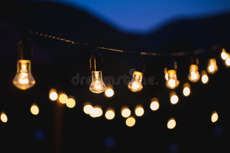 Light Bulb Decor in Outdoor Party. Evening Wedding Ceremony Stock Image ...