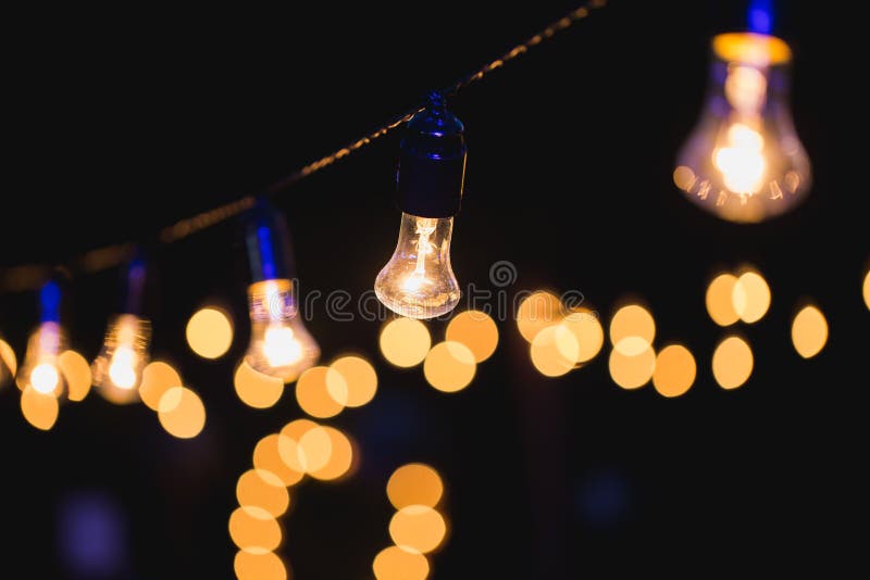 Light Bulb Decor in Outdoor Party. Evening Wedding Ceremony. Stock ...