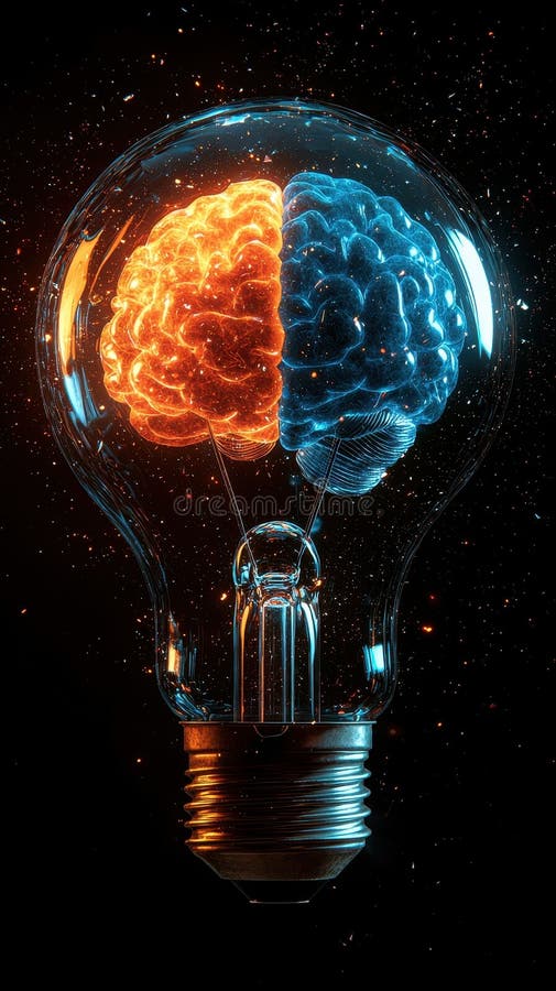 Light Bulb with Divided Brain Structure Glowing with Energy Stock Photo ...