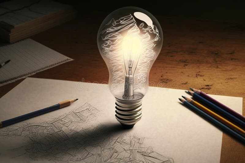 Light Bulb on a Drawing. Generative AI. Stock Illustration ...