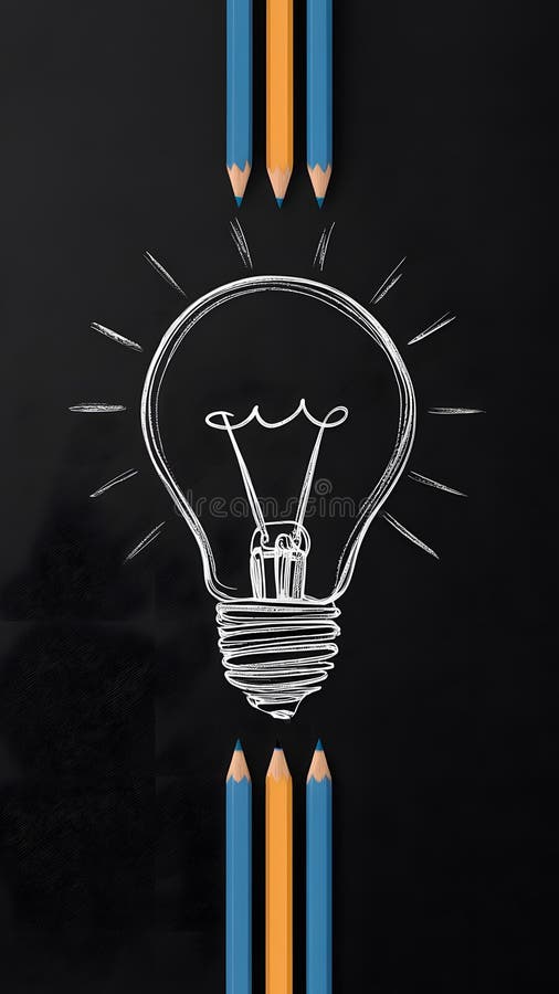 Light Bulb Drawing with Vertical Pencil on White Background, Minimalist ...