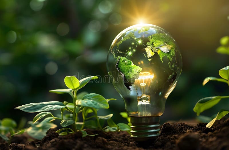 Light Bulb with the Earth World Map Inside, Placed on Soil, Ecofriendly ...