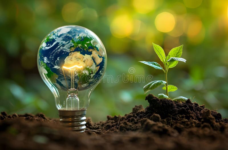 Light Bulb with the Earth World Map Inside, Placed on Soil, Ecofriendly ...