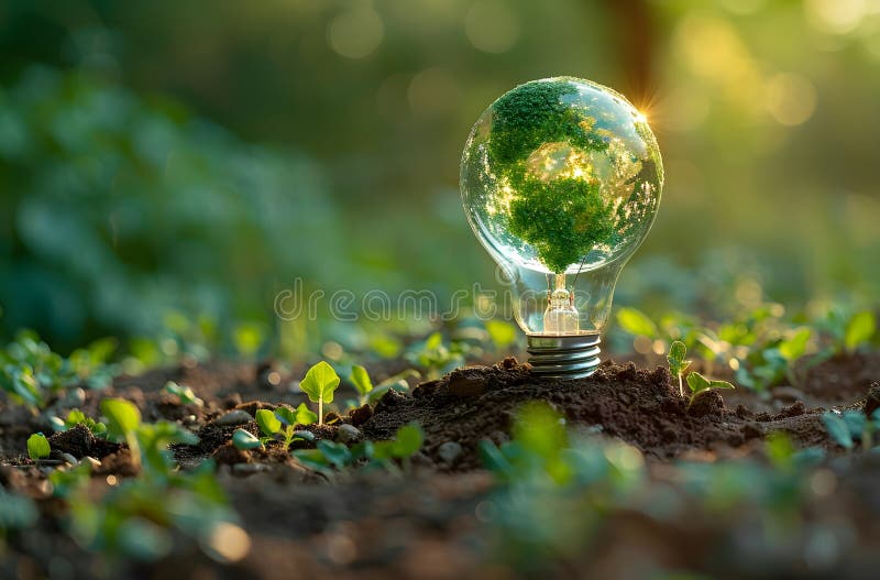 Light Bulb with the Earth World Map Inside, Placed on Soil, Ecofriendly ...