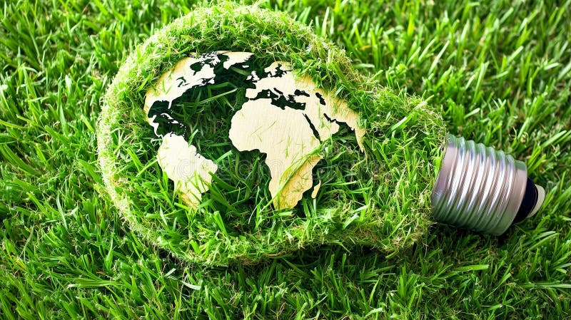 A Light Bulb Embedded in the Grass with the World Inside Stock Photo ...