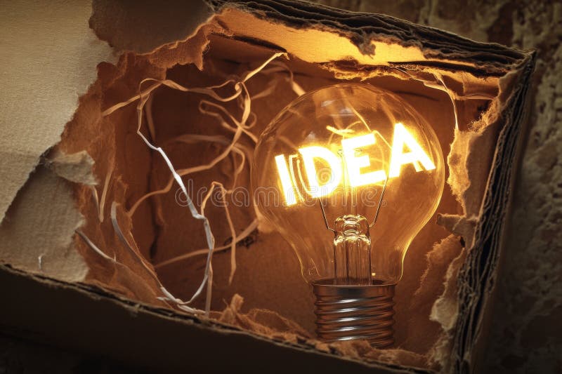 Light Bulb Emerging from Cardboard Box Symbolizing New Idea Stock Photo ...