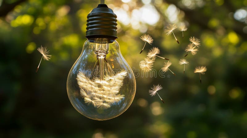 Light Bulb Enclosing Dandelion Seeds with Sunlight, Nature Harmony and ...
