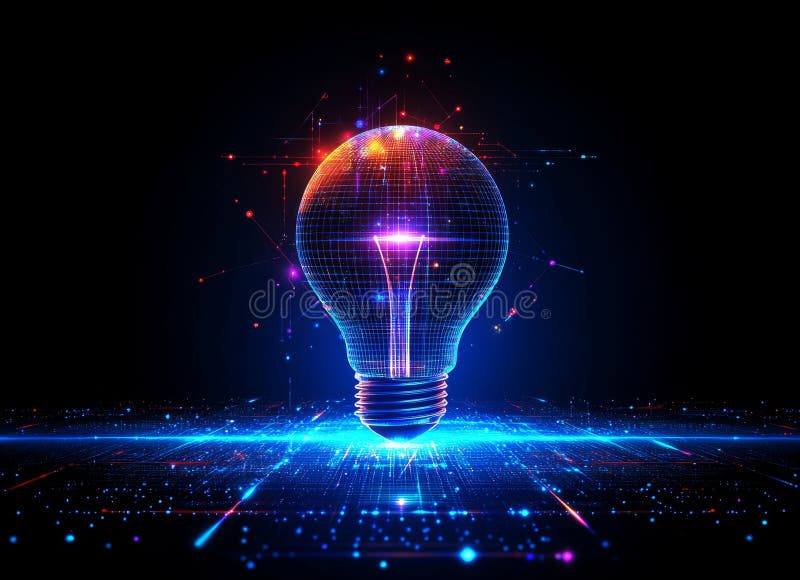 A Light Bulb, Enhanced with a Double Exposure Effect, Shows Digital ...