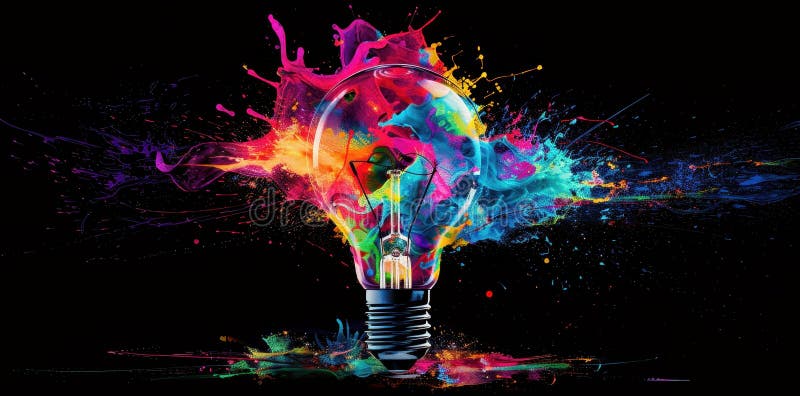 A Light Bulb Exploding with Colorful Paint Splashes Stock Illustration ...