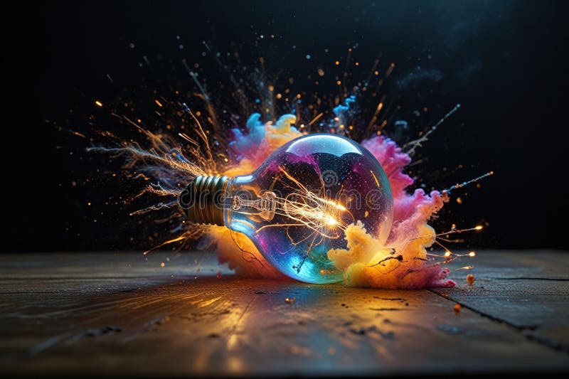 Light Bulb Explodes with Colorful Dust Splashes and Electric Flame ...