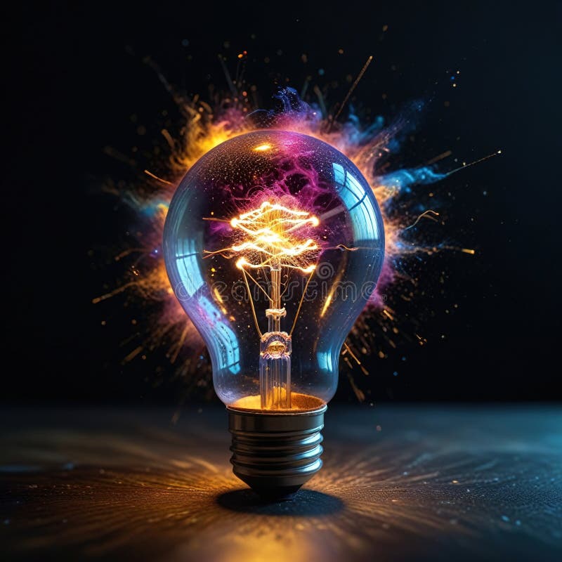Light Bulb Explodes with Colorful Dust Splashes and Electric Flame ...