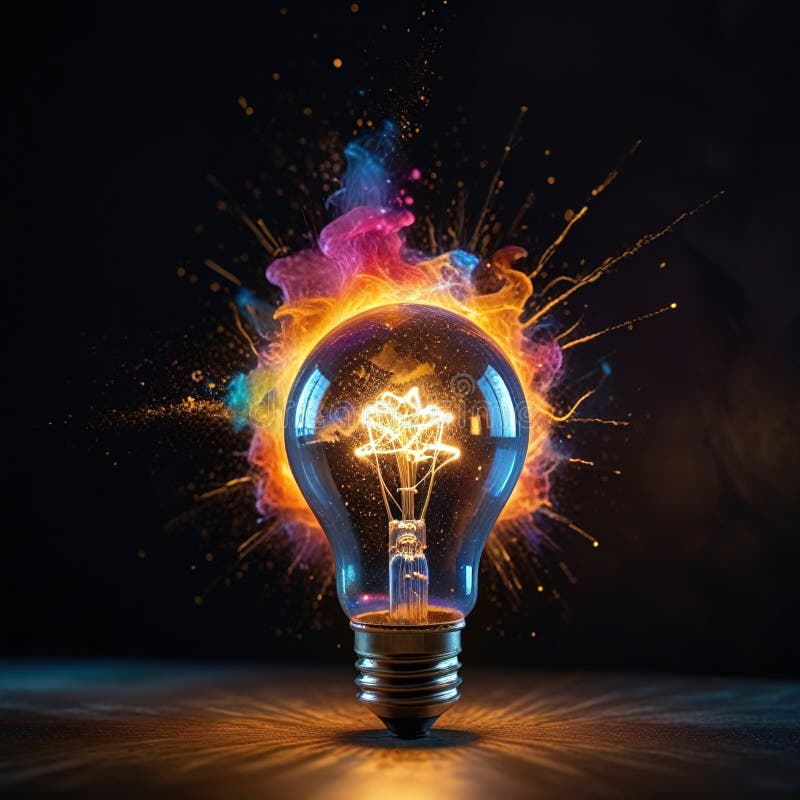 Light Bulb Explodes with Colorful Dust Splashes and Electric Flame ...