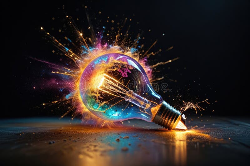 Light Bulb Explodes with Colorful Dust Splashes and Electric Flame ...