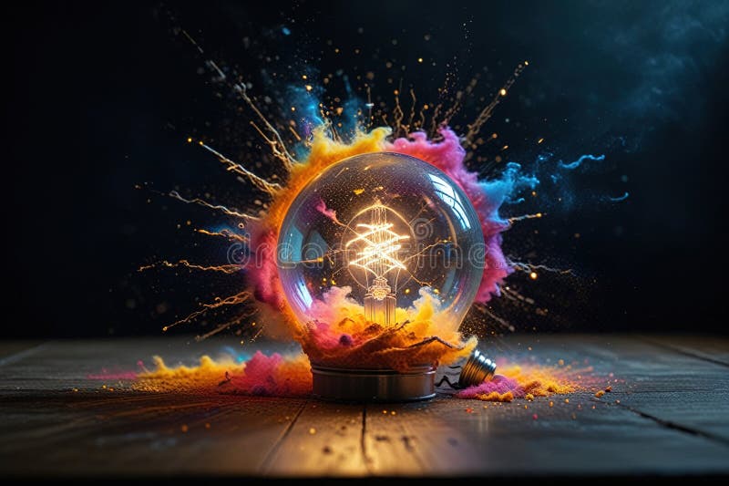 Light Bulb Explodes with Colorful Dust Splashes and Electric Flame ...
