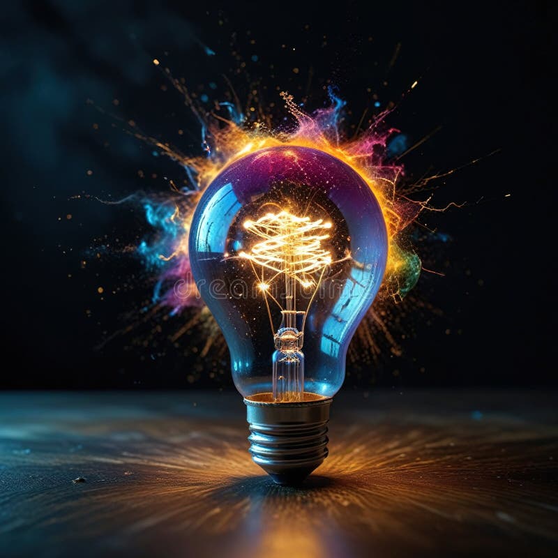 Light Bulb Explodes with Colorful Dust Splashes and Electric Flame ...