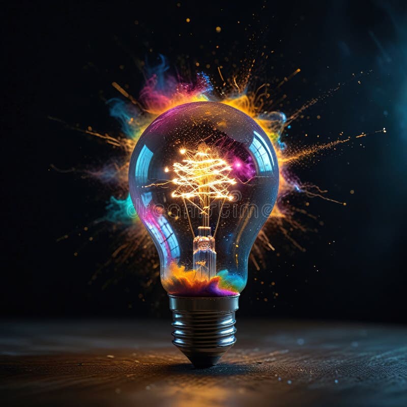 Light Bulb Explodes with Colorful Dust Splashes and Electric Flame ...