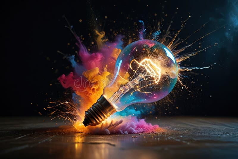 Light Bulb Explodes with Colorful Dust Splashes and Electric Flame ...