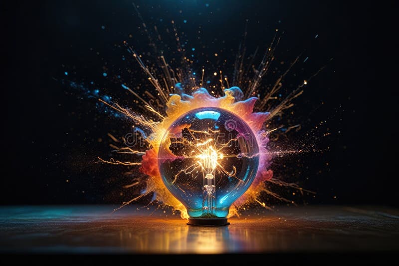 Light Bulb Explodes with Colorful Dust Splashes and Electric Flame ...