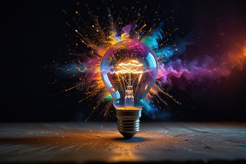 Light Bulb Explodes with Colorful Dust Splashes and Electric Flame ...