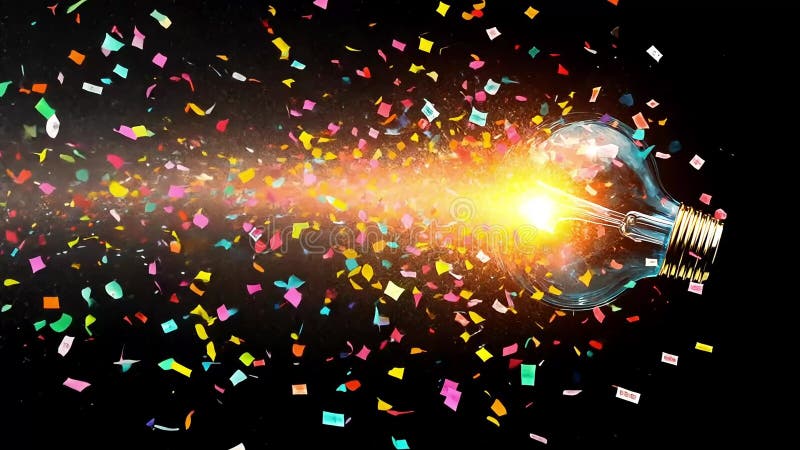 Light Bulb Exploding with Colorful Confetti on Black Background ...