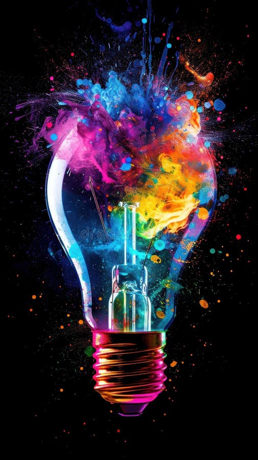 A Light Bulb Exploding with Colorful Paint Splatter Stock Illustration ...