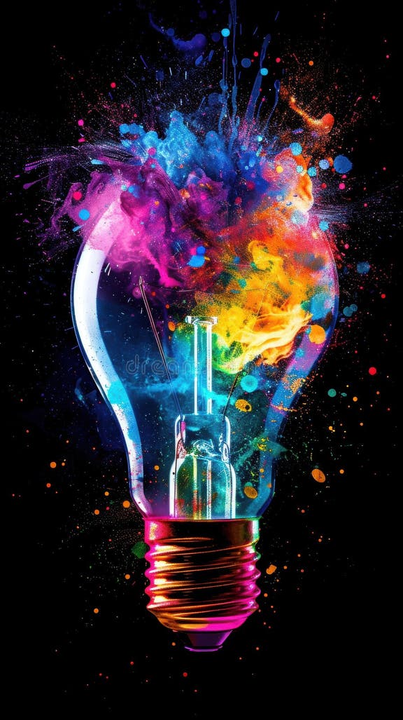 A Light Bulb Exploding with Colorful Paint Splatter Stock Illustration ...