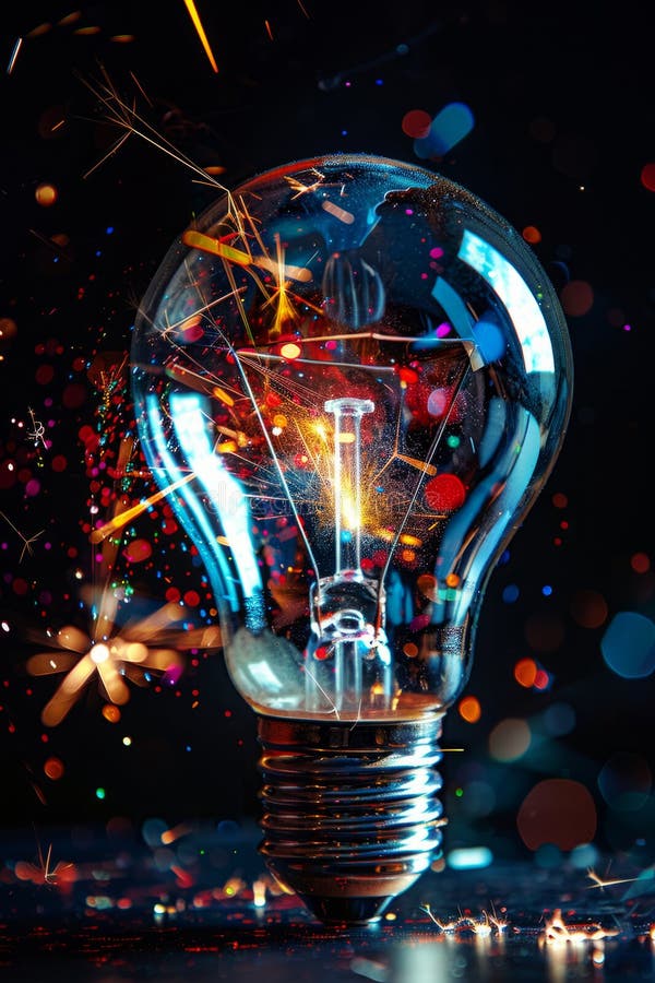Light Bulb Exploding with Colorful Powder and Smoke on Black Background ...