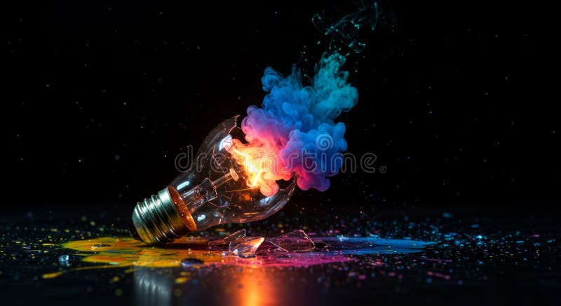 A Light Bulb Exploding with Colorful Smoke and Ink, Forming a Colorful ...