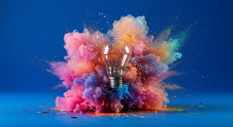 A Light Bulb Exploding with Colorful Smoke and Ink, Forming a Colorful ...