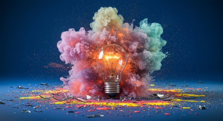 A Light Bulb Exploding with Colorful Smoke and Ink, Forming a Colorful ...