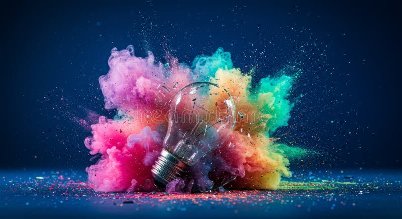 A Light Bulb Exploding with Colorful Smoke and Ink, Forming a Colorful ...