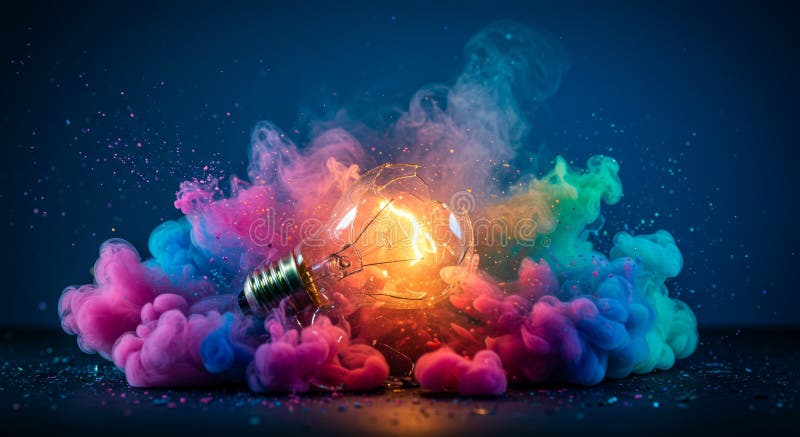 A Light Bulb Exploding with Colorful Smoke and Ink, Forming a Colorful ...