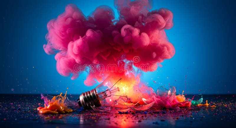 A Light Bulb Exploding with Colorful Smoke and Ink, Forming a Colorful ...