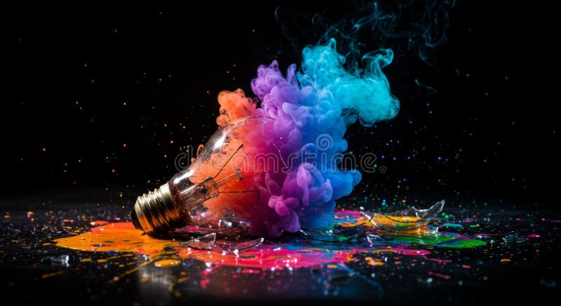A Light Bulb Exploding with Colorful Smoke and Ink, Forming a Colorful ...