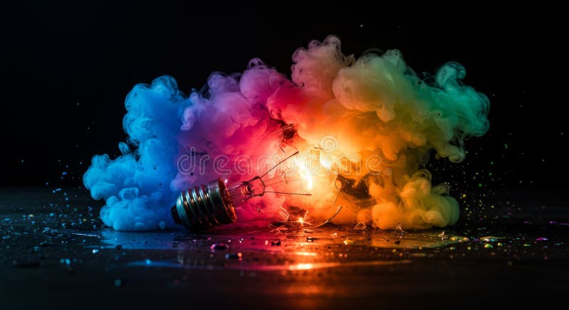 A Light Bulb Exploding with Colorful Smoke and Ink, Forming a Colorful ...